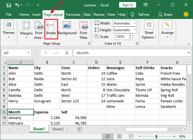 Insert A Page Break Immediately Above The Selected Cell 